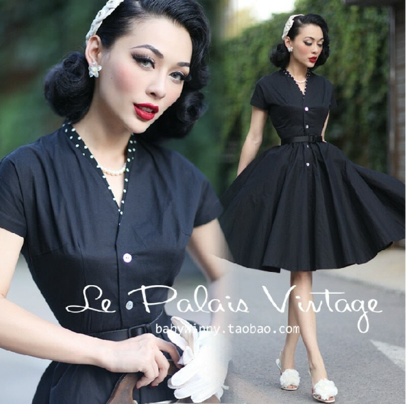 Unique Vintage Retro Classic 1950s Black Caroline Swing Dress with Sle ...